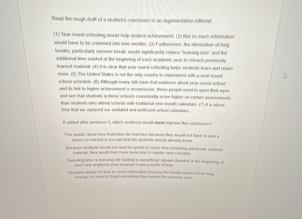 Solved: Read the rough draft of a student's conclusion to an ...