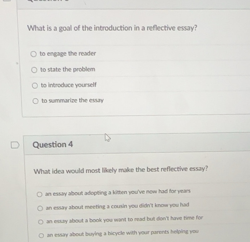 Solved: What is a goal of the introduction in a reflective essay? to ...