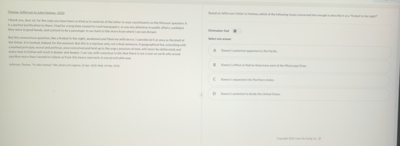 Solved: Thomas Jefferson to John Holmes, 1820 caned on Jefferson's ...
