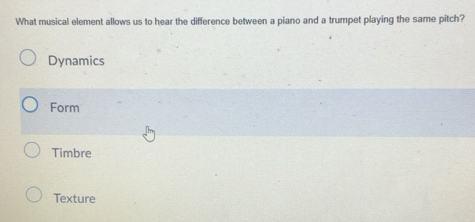 Solved: What musical element allows us to hear the difference between a ...