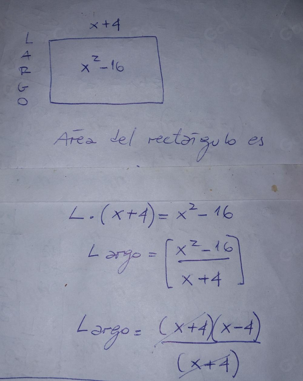 Solved: El área del siguiente rectángulo es x^2-16 metros cuadrados, y ...