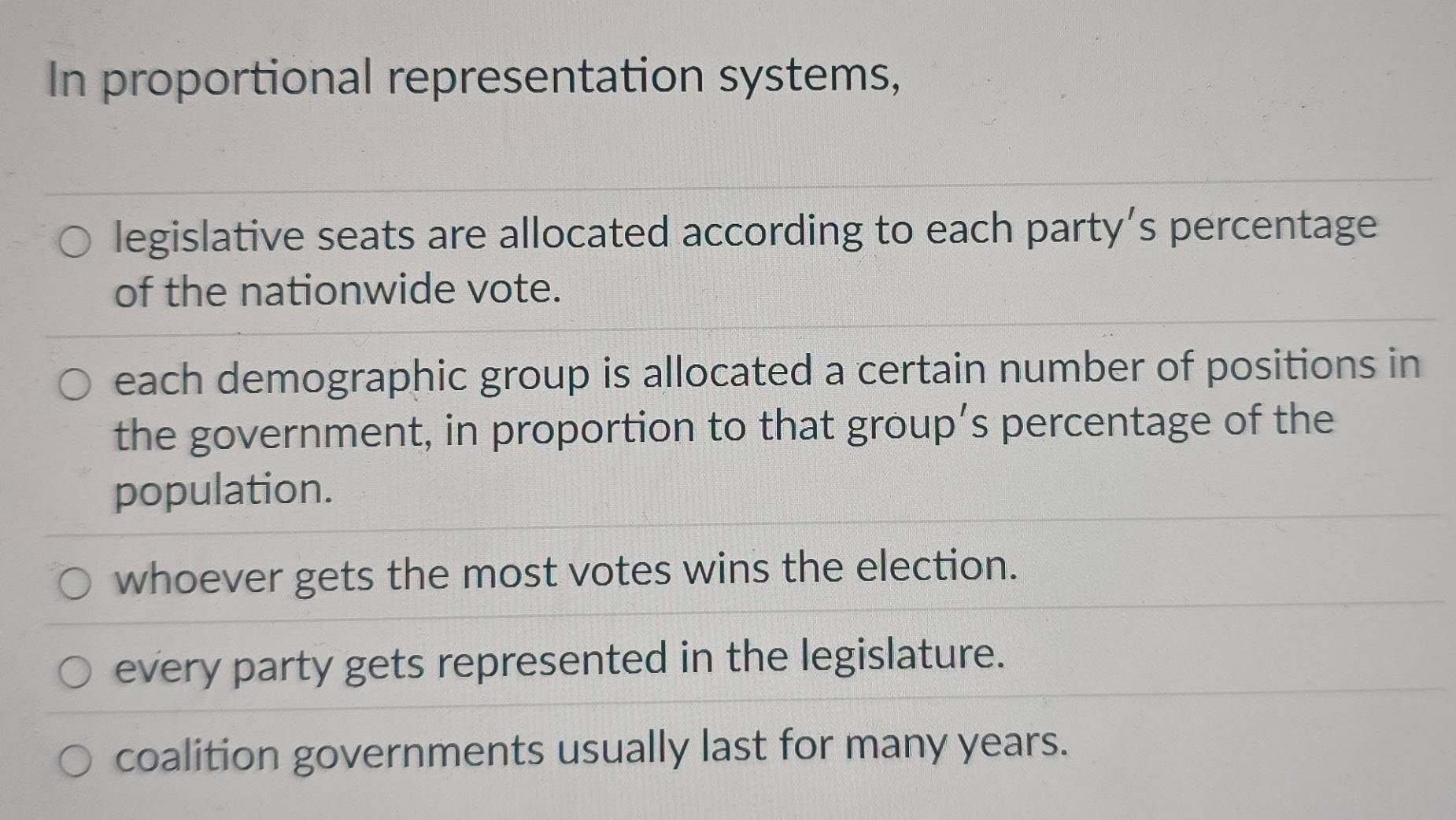 Solved: In proportional representation systems, legislative seats are ...