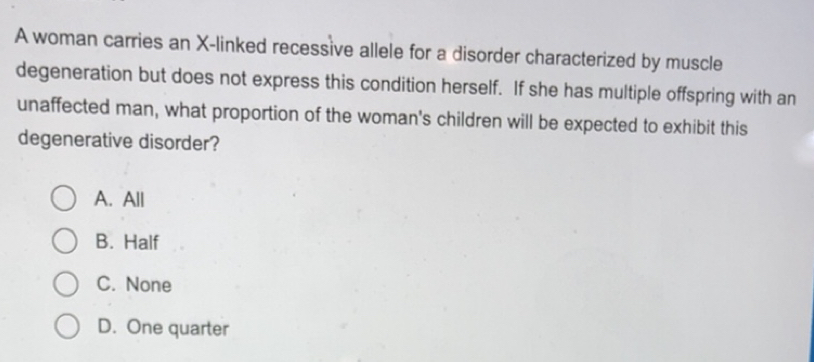 Solved: A woman carries an X -linked recessive allele for a disorder ...