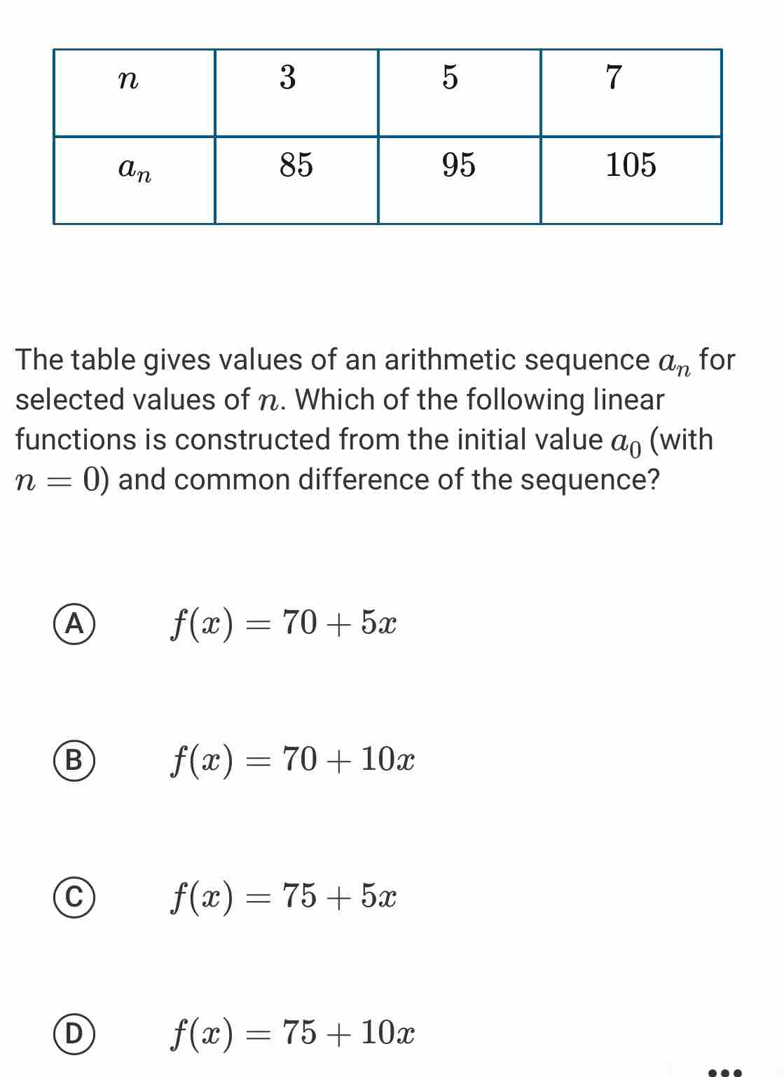 Solved: The table gives values of an arithmetic sequence a_n for selected values of n. Which of ...