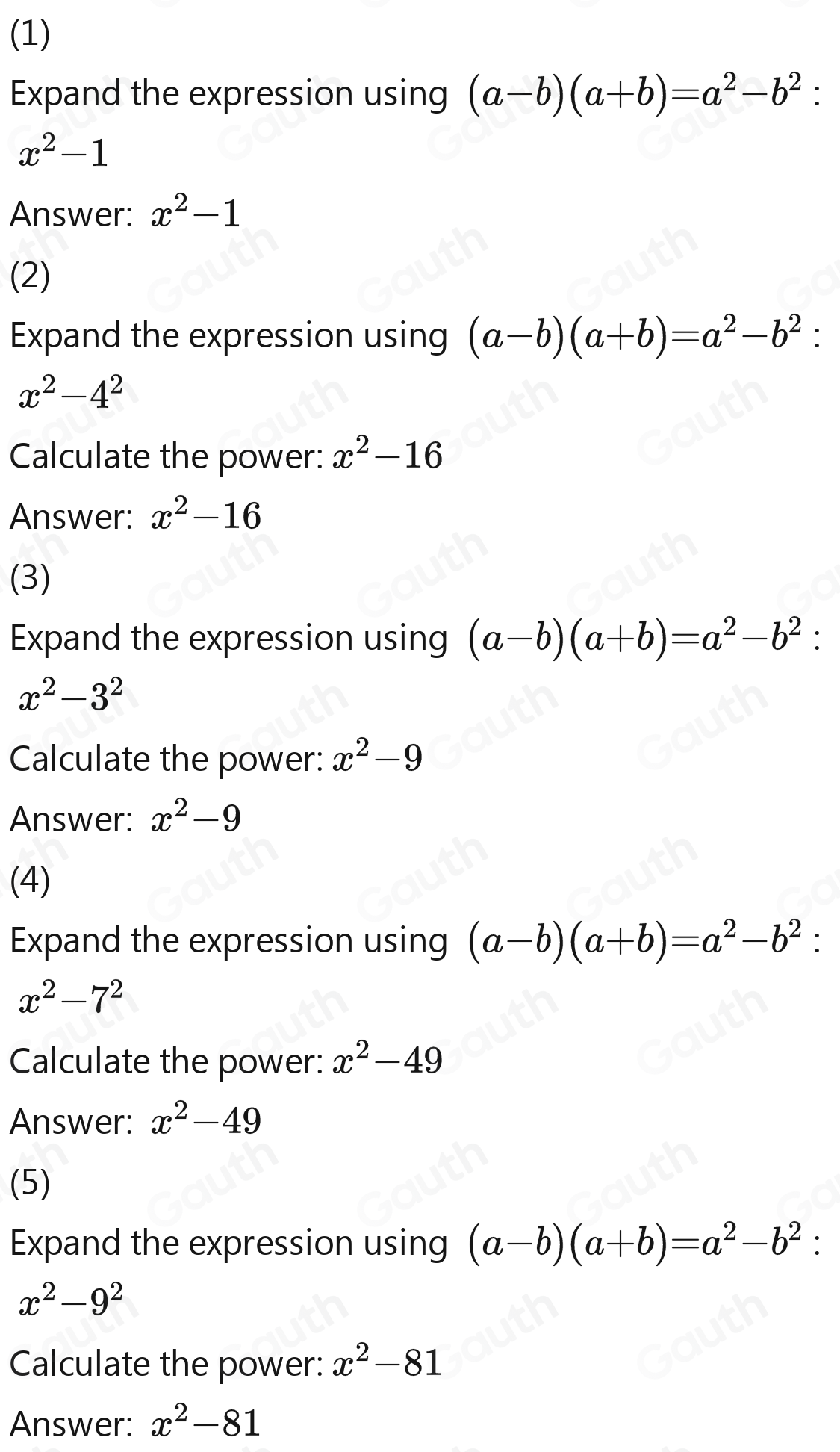 Solved: Determine the product of each sum and difference of two terms ...
