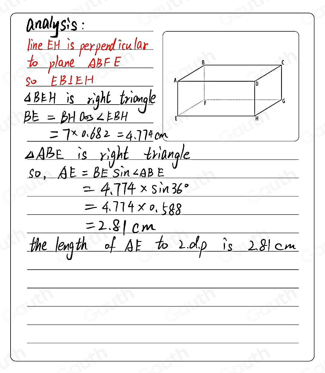 Solved: The diagram below shows a cuboid. Angle EBH=47° Length BH=7cm ...