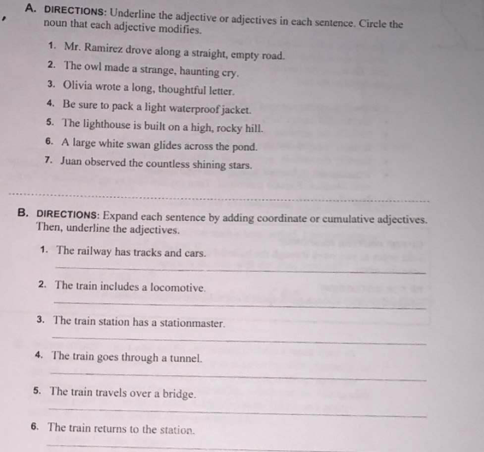 Solved: DIRECTIONS: Underline the adjective or adjectives in each ...