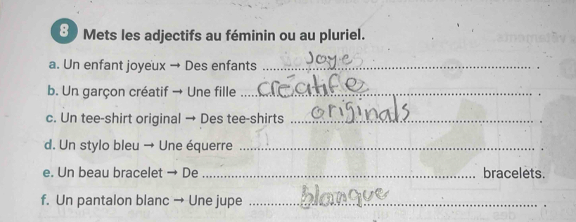 Resuelto:Mets les adjectifs au féminin ou au pluriel. a. Un enfant ...