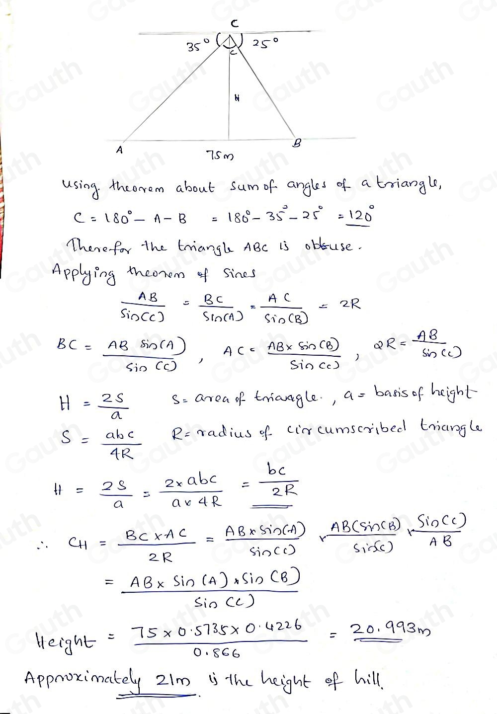 Solved: Points A and B are on the same horizontal line with the foot of a hill and the angle of ...
