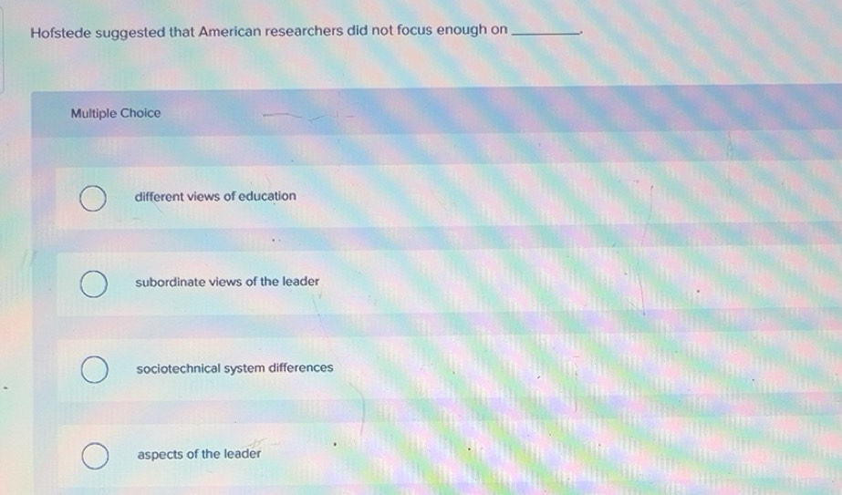 Solved: Hofstede suggested that American researchers did not focus ...