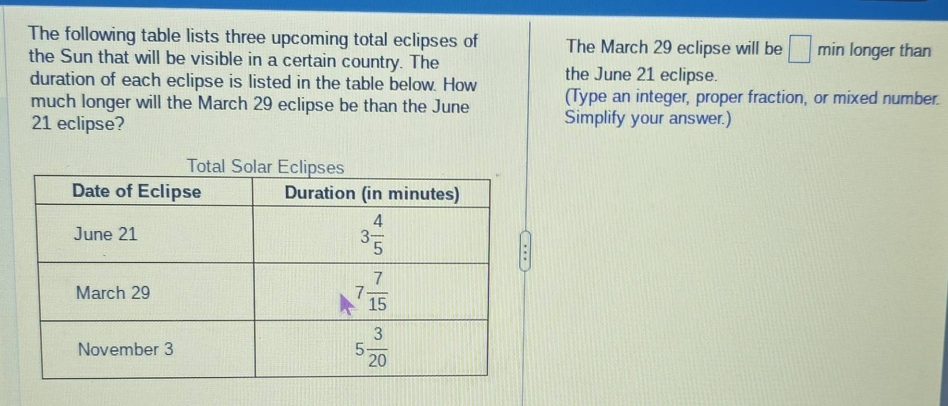 Solved: The following table lists three upcoming total eclipses of The ...