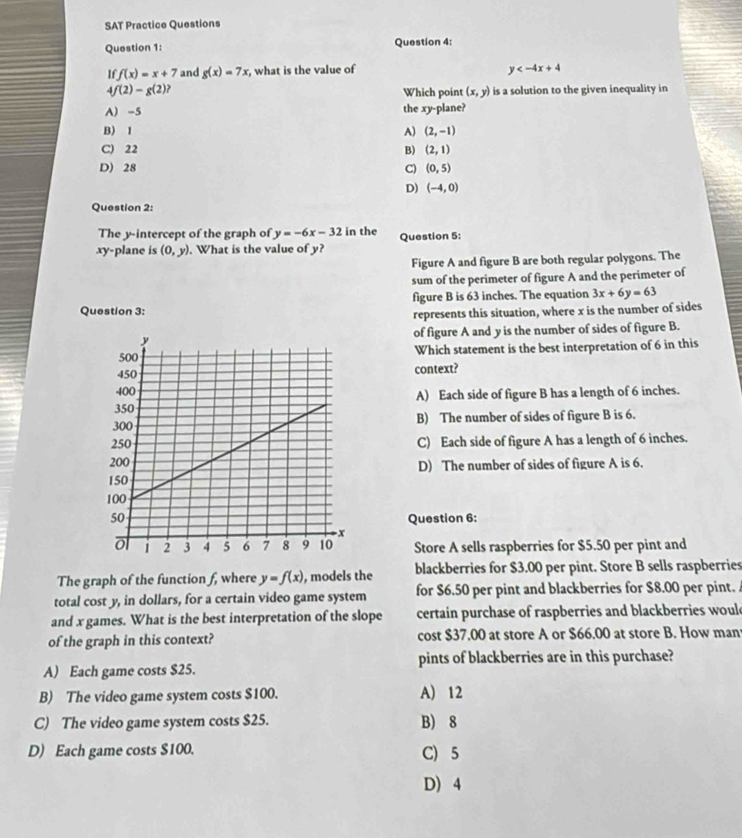 Solved: SAT Practice Questions Question 1: Question 4: If f(x)=x+7 and ...