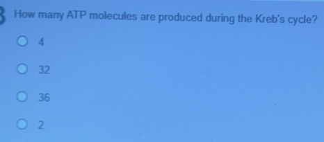 Solved: How many ATP molecules are produced during the Kreb's cycle? 4 32 36 2 [Biology]