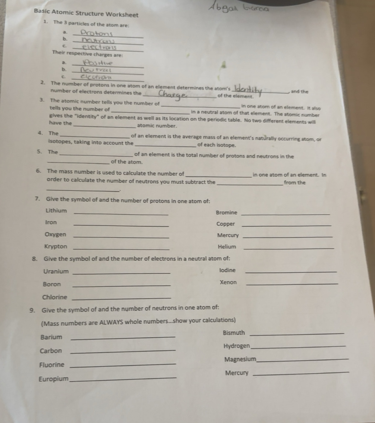Solved: Basic Atomic Structure Worksheet 1. The 3 particles of the atom ...