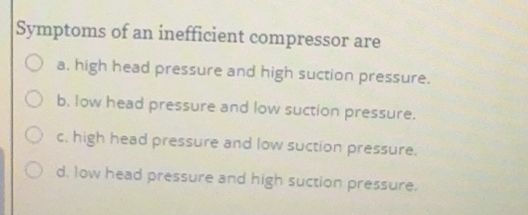 Solved: Symptoms of an inefficient compressor are a, high head pressure ...