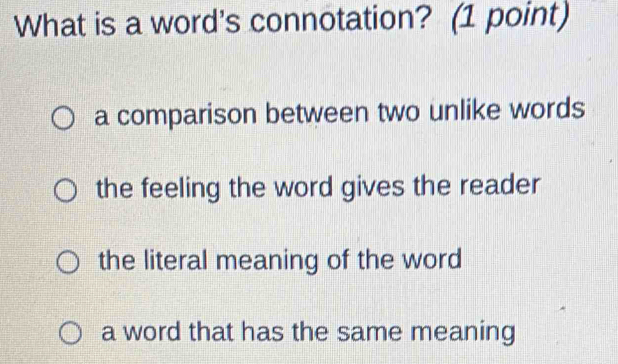 Solved: What is a word's connotation? (1 point) a comparison between ...