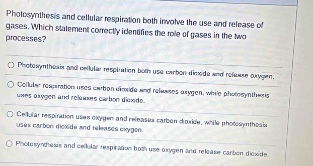 Solved: Photosynthesis and cellular respiration both involve the use ...