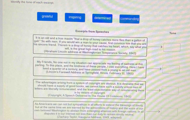 Solved: Identify the tone of each excerpt. grateful inspiring ...