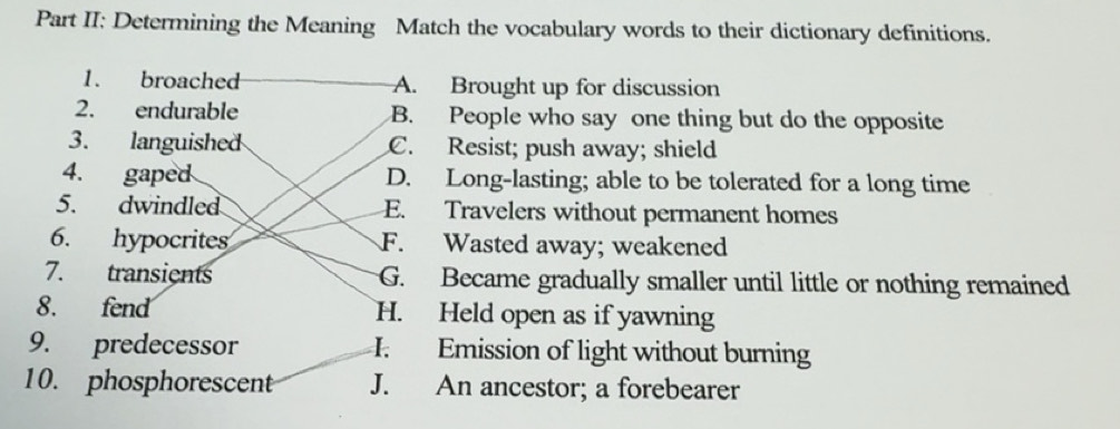 Solved: Part II: Determining the Meaning Match the vocabulary words to their dictionary ...