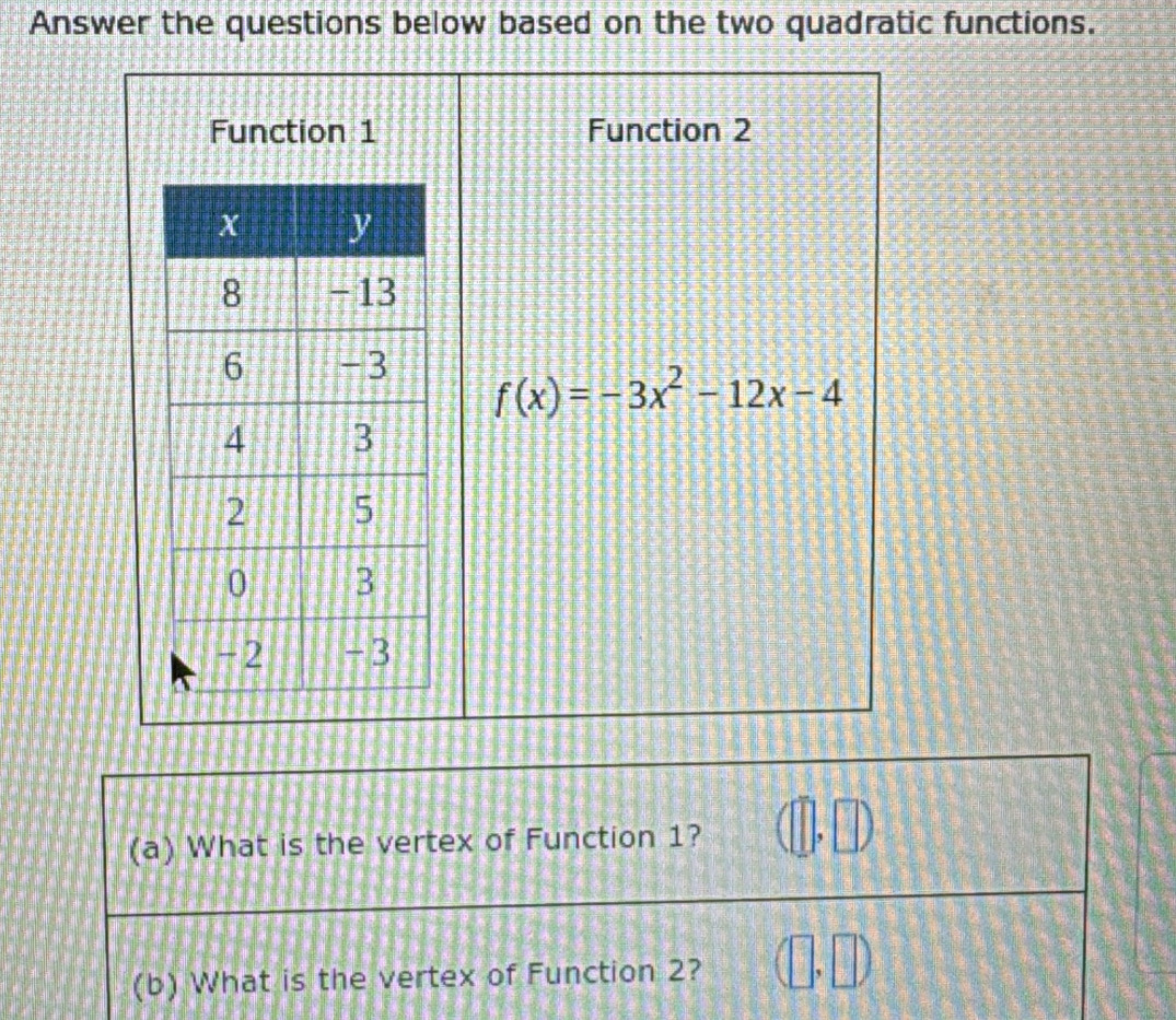 Solved: Answer the questions below based on the two quadratic functions ...