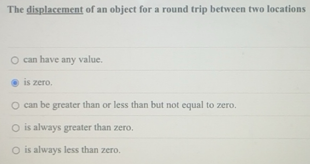 Solved: The displacement of an object for a round trip between two ...