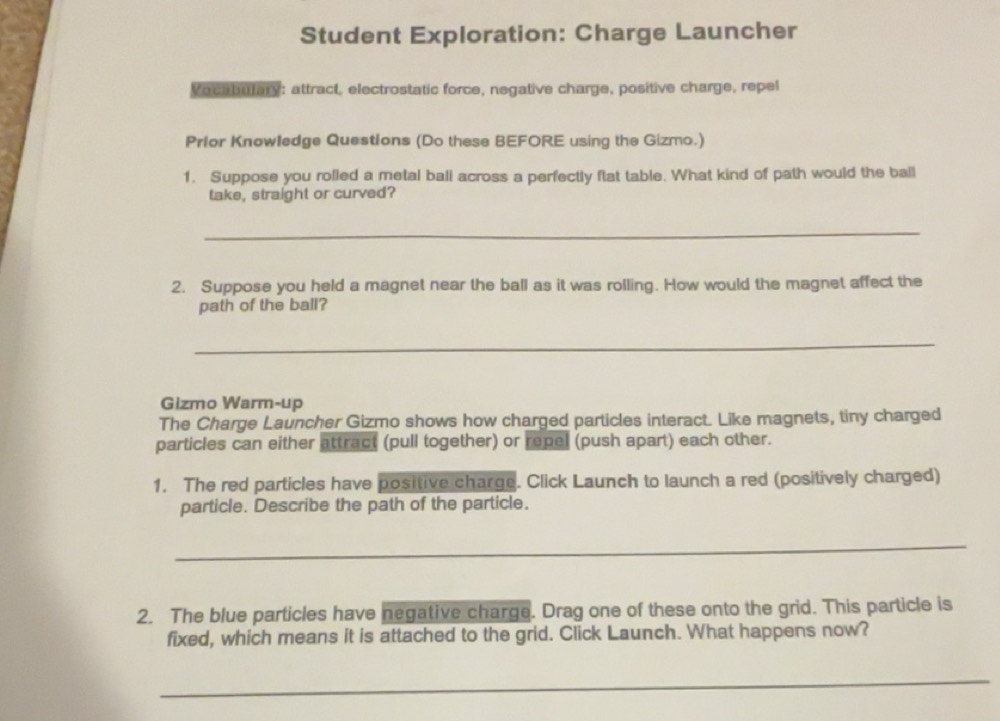 Solved: Student Exploration: Charge Launcher Vocabutary: attract ...