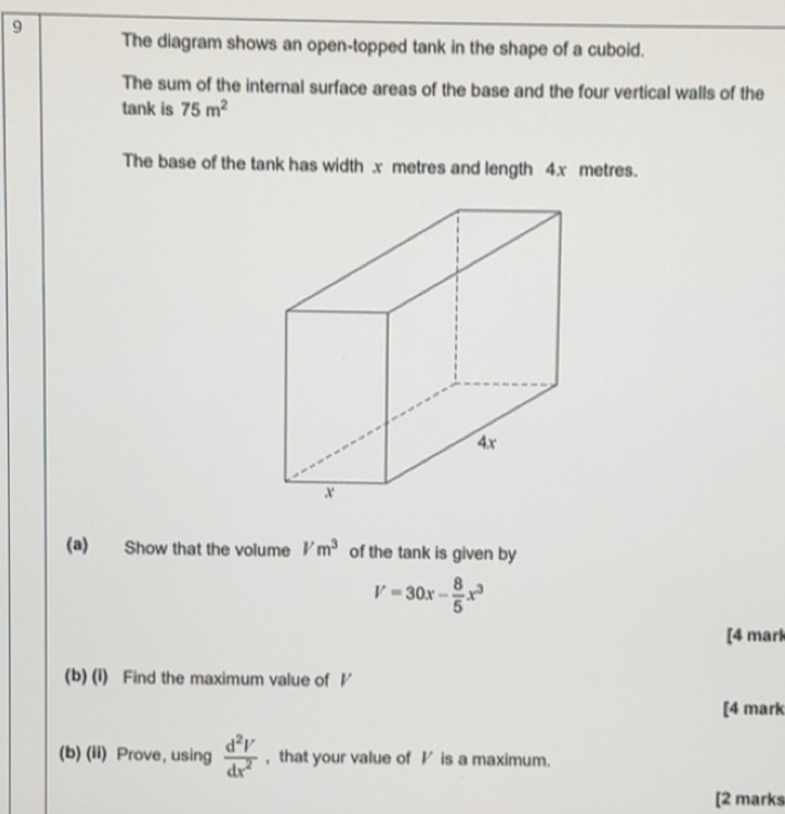 Solved: The diagram shows an open-topped tank in the shape of a cuboid ...