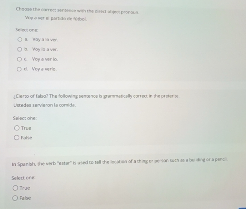 Solved: Choose the correct sentence with the direct object pronoun. Voy ...