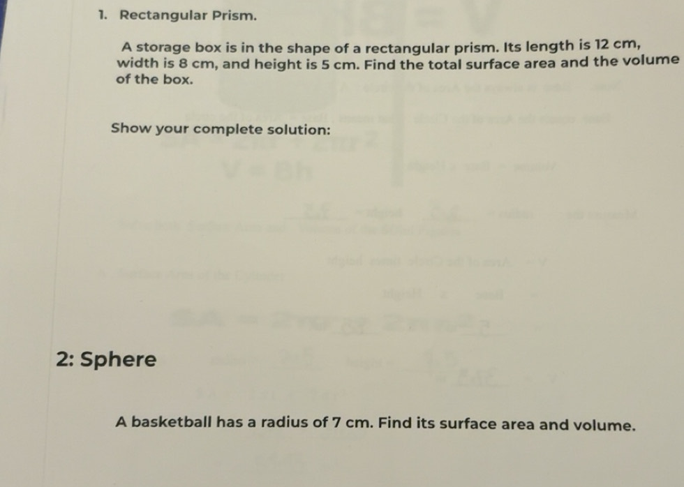 Solved: Rectangular Prism. A storage box is in the shape of a rectangular prism. Its length is ...