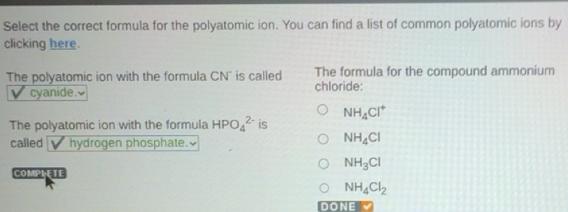 Solved: Select the correct formula for the polyatomic ion. You can find ...