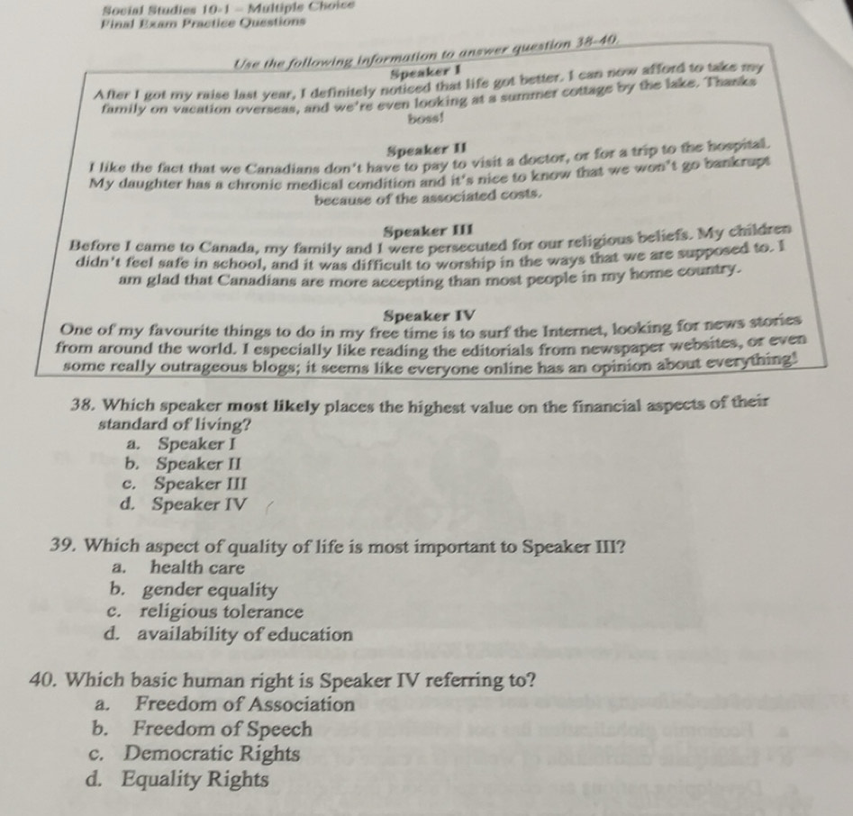 Solved: Social Studies 10-1 - Multiple Choice Final Exam Practice ...