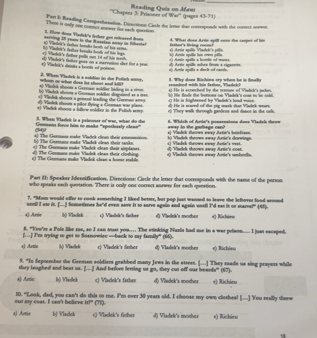 Solved: Reading Quiz on Maus “Chapter 3: Prisoner of War” (pages 43-71 ...