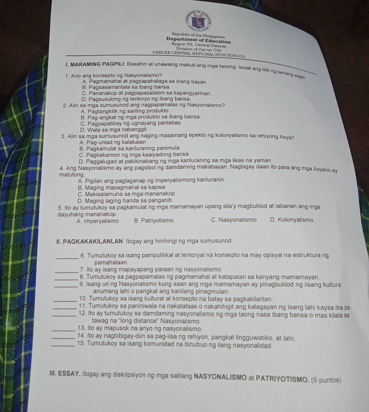 Solved: Republic of the Philippines Department of Education Region VII ...