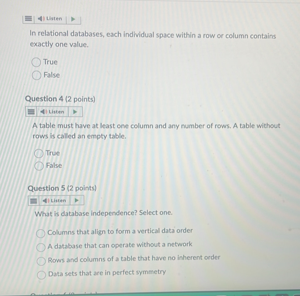 Solved: Listen In relational databases, each individual space within a row or column contains ...