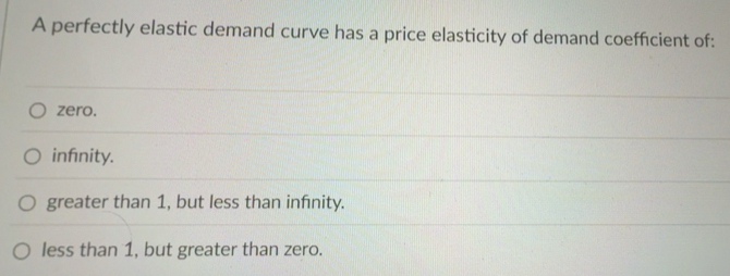 Solved: A perfectly elastic demand curve has a price elasticity of demand coeffcient of: zero ...