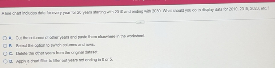 Solved: A line chart includes data for every year for 20 years starting ...
