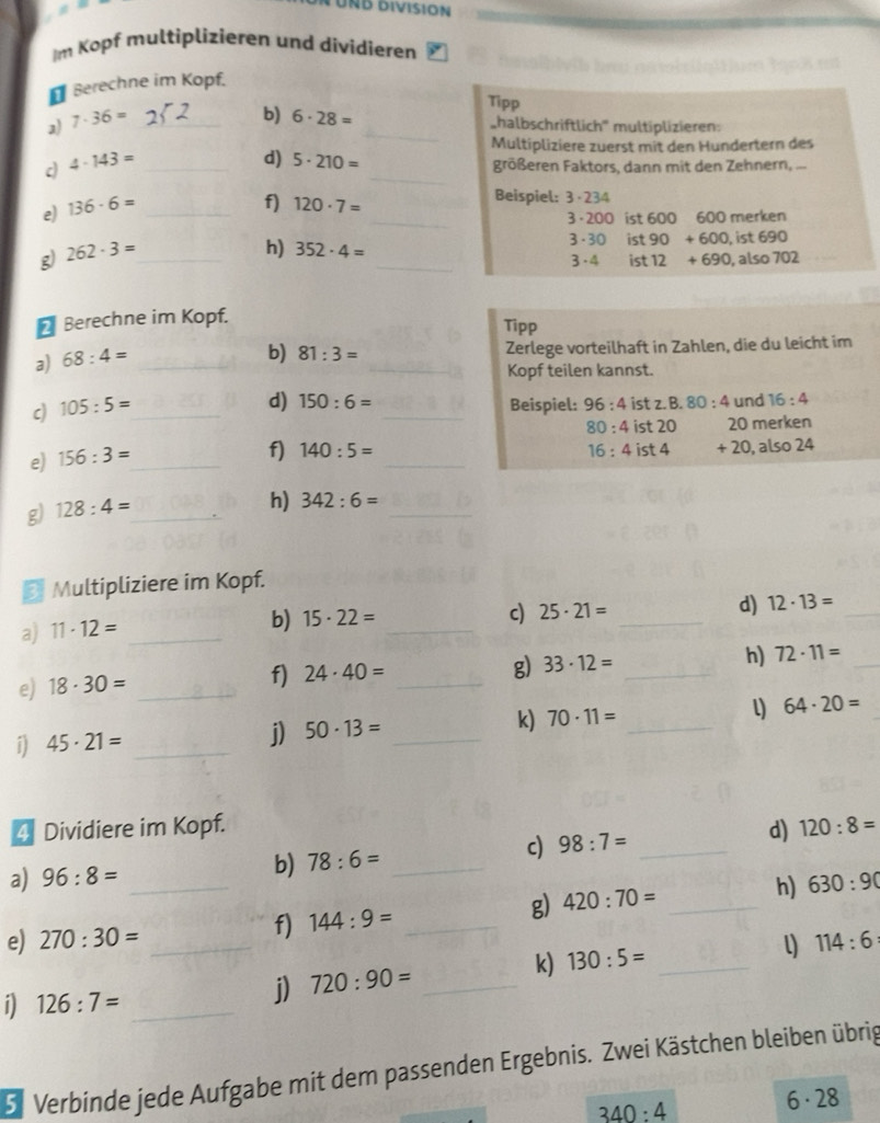 Gelöst:Kopf multiplizieren und dividieren Serechne im Kopf. 3) 7· 36 ...
