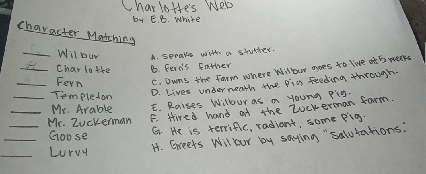 Resuelto:Charlottes Web by E. B. White character Matching C Wil bor A ...