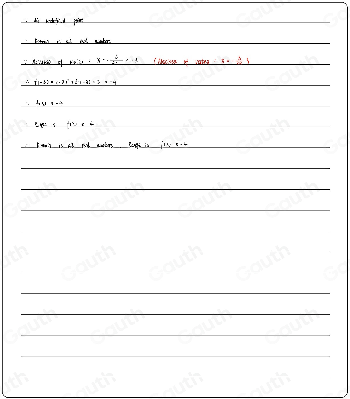 Solved: Determine the domain and range of the following parabola: f(x ...