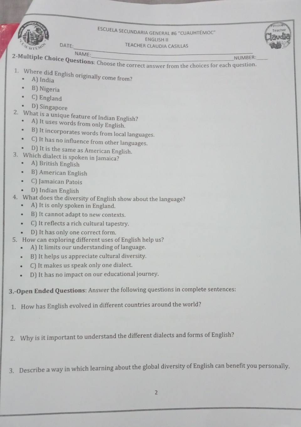 Resuelto:ESCUELA SECUNDARIA GENERAL #6 ''CUAUHTÉMOC'' Claudia ENGLISH II u _ DATE: TEACHER CLAUDIA