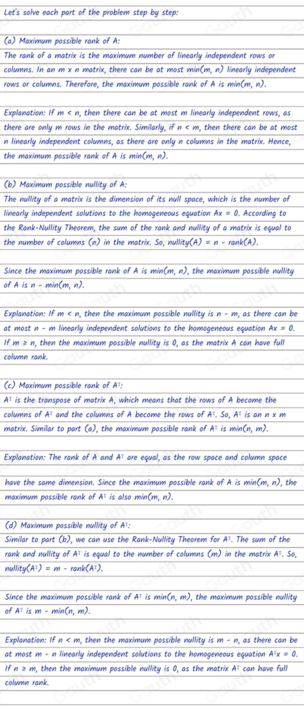 Solved: Problem 16. Let A be any m* n matrix. Then (a) What is the maximum possible rank of A ...