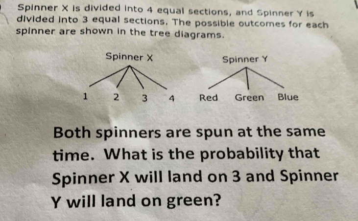 Solved: Spinner X is divided into 4 equal sections, and Spinner Y is divided into 3 equal ...