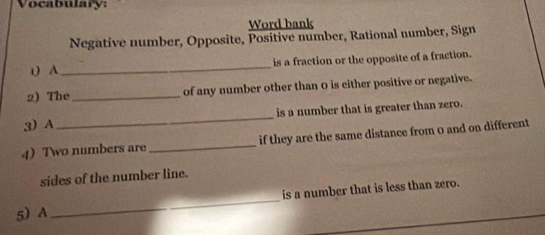 Solved: Vocabulary; Word bank Negative number, Opposite, Positive ...