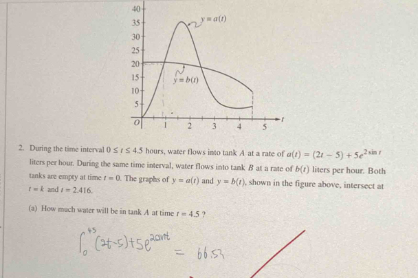 Solved: During the time interval 0≤ t≤ 4.5 hours, water flows into tank A at a rate of a(t)=(2t ...