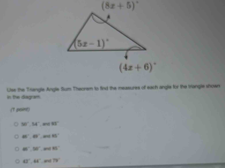 Solved: Use the Triangle Angle Sum Theorem to find the measures of each ...
