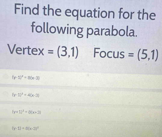 Solved: Find the equation for the following parabola. Vertex =(3,1 ...