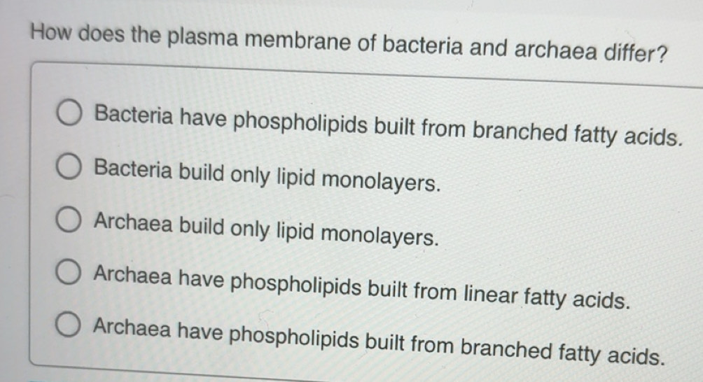 Solved: How does the plasma membrane of bacteria and archaea differ ...