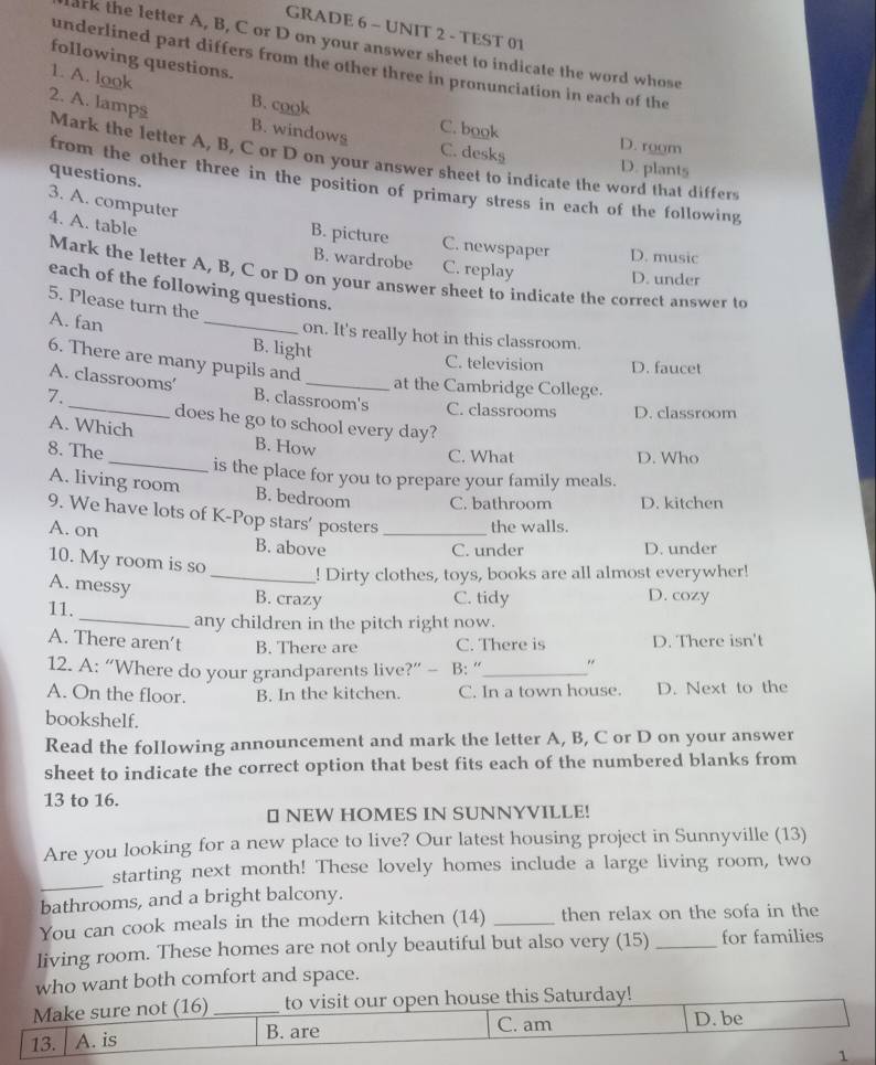 Giải quyết:GRADE 6 - UNIT 2 - TEST 01 ark the letter A, B, C or D on ...