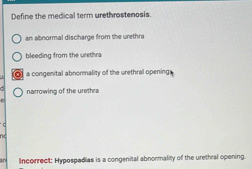 Solved: Define the medical term urethrostenosis. an abnormal discharge ...
