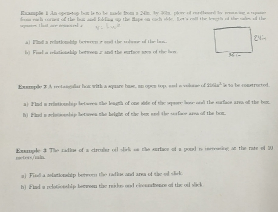 Solved: Example 1 An open-top box is to be made from a 24in. by 36in ...
